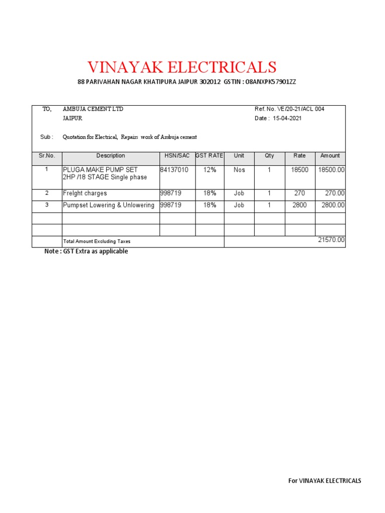 Quotation for Electrical Repairs Work at Ambuja Cement Plant | PDF