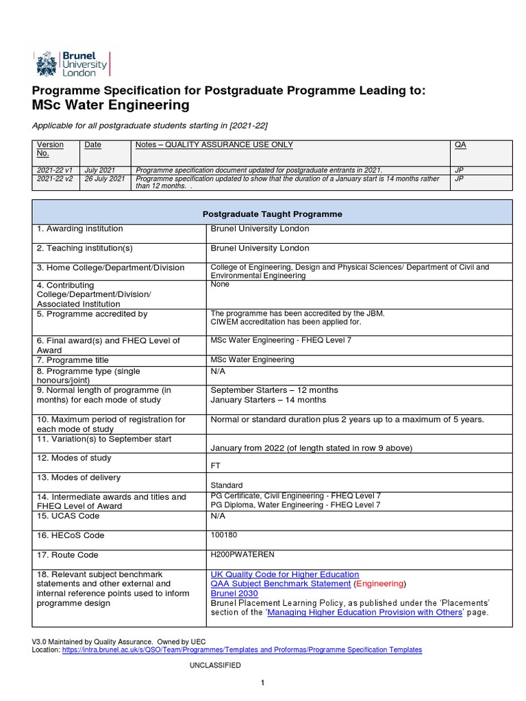 MSC Water Engineering: Programme Specification For Postgraduate Programme Leading To | Download ...