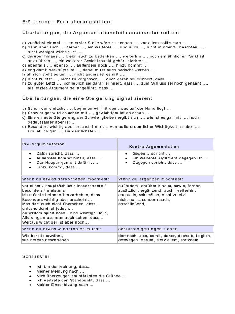 Formulierungshilfen Eroerterung | PDF