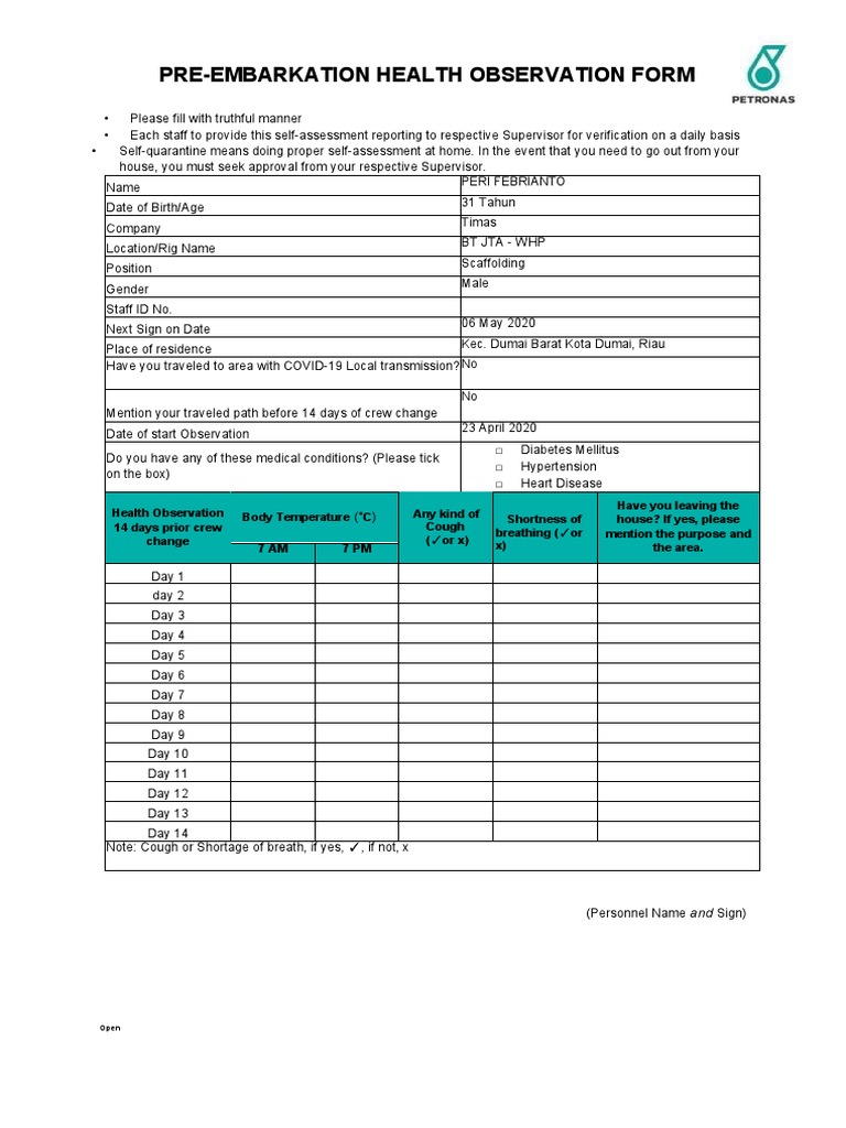 Muha ZAki Attachment-1 - Pre-Embarkation Health Observation Form | PDF ...