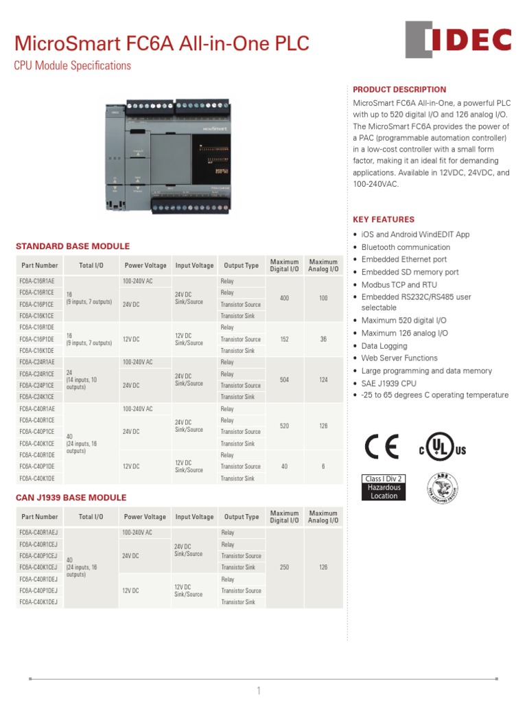 Microsmart Fc6A All-In-One PLC: Cpu Module Specifications | PDF | Power Supply | Direct Current