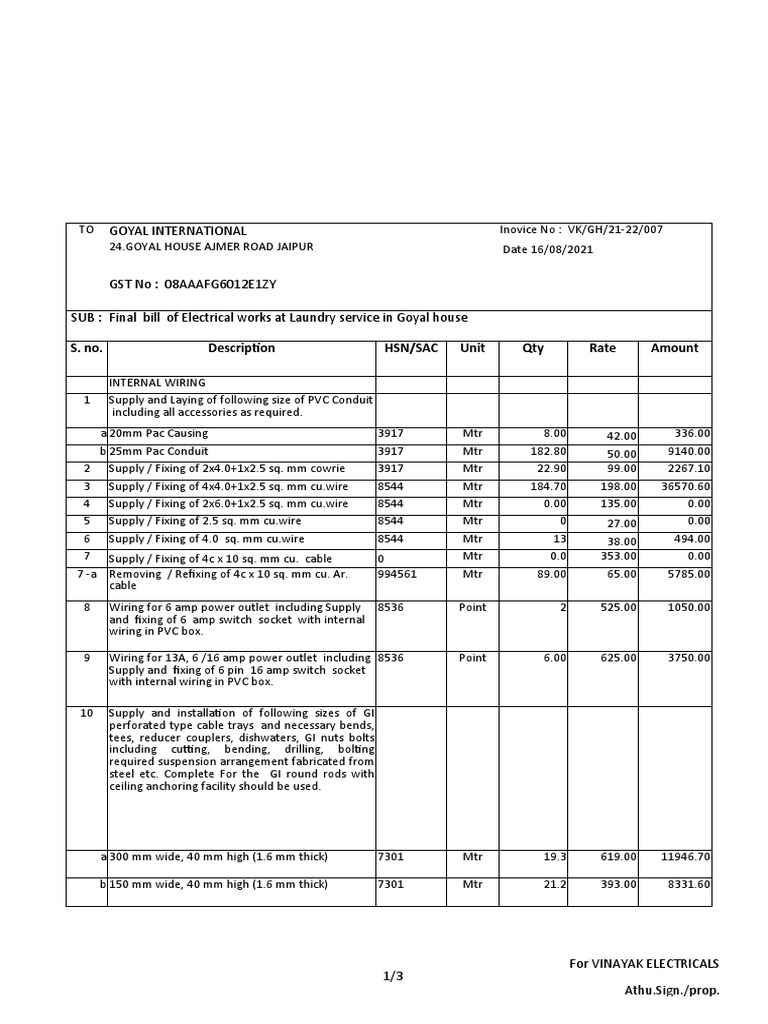 Goyal International: S. No. Description Hsn/Sac Unit Qty Rate Amount ...