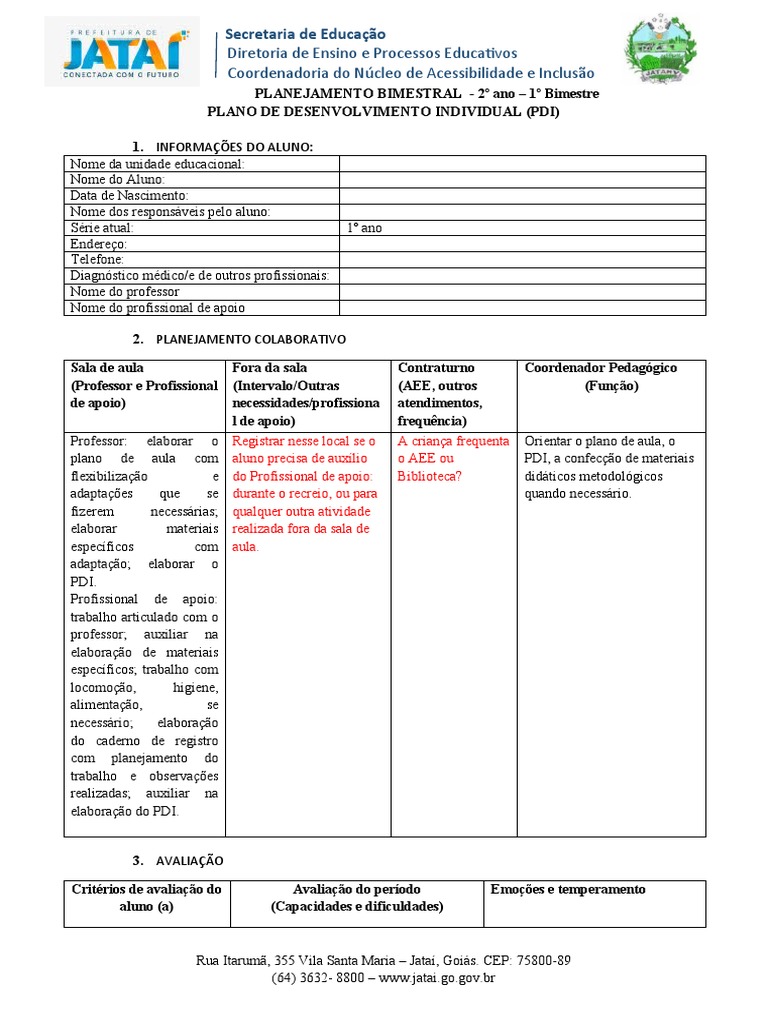 Plano de Desenvolvimento Individual (PDI): Adaptações curriculares e ...