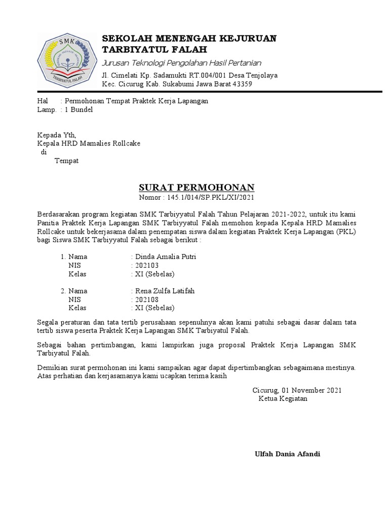 Surat Permohonan PKL Industri | PDF