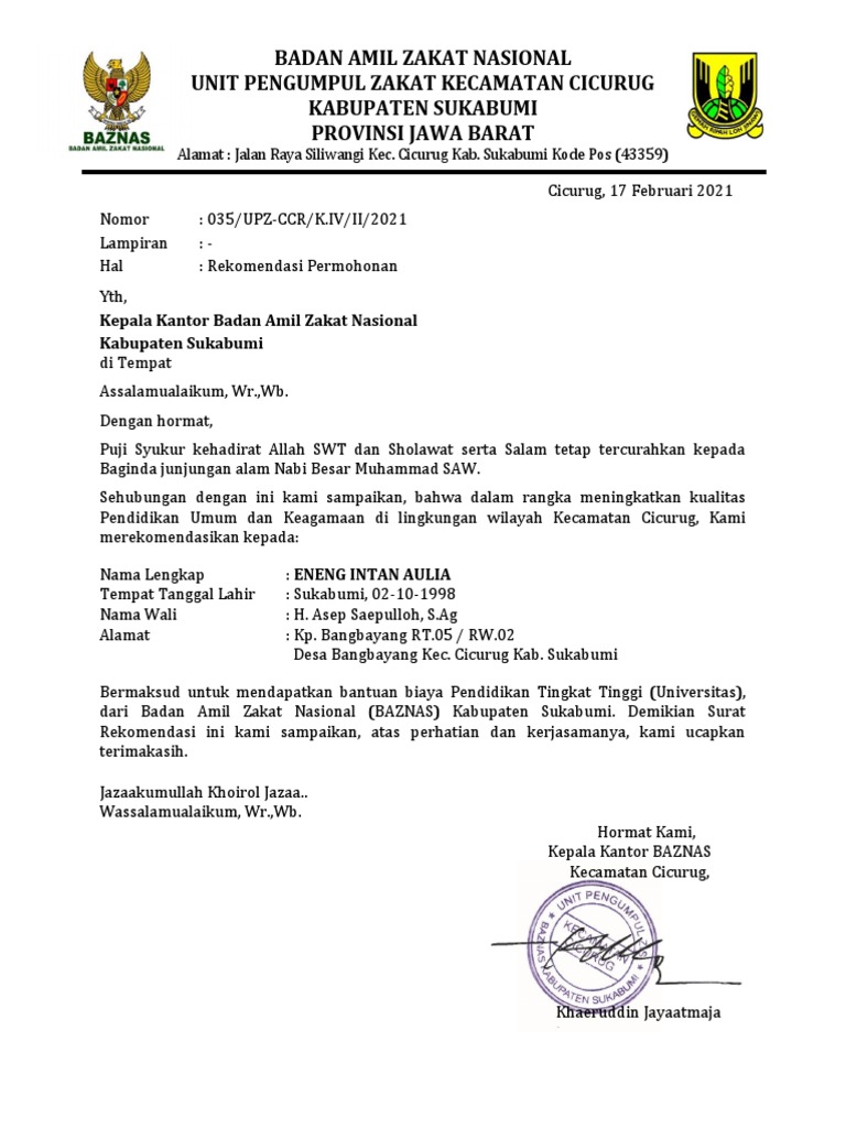 Surat Rekomendasi BAZnas Kecamatan | PDF