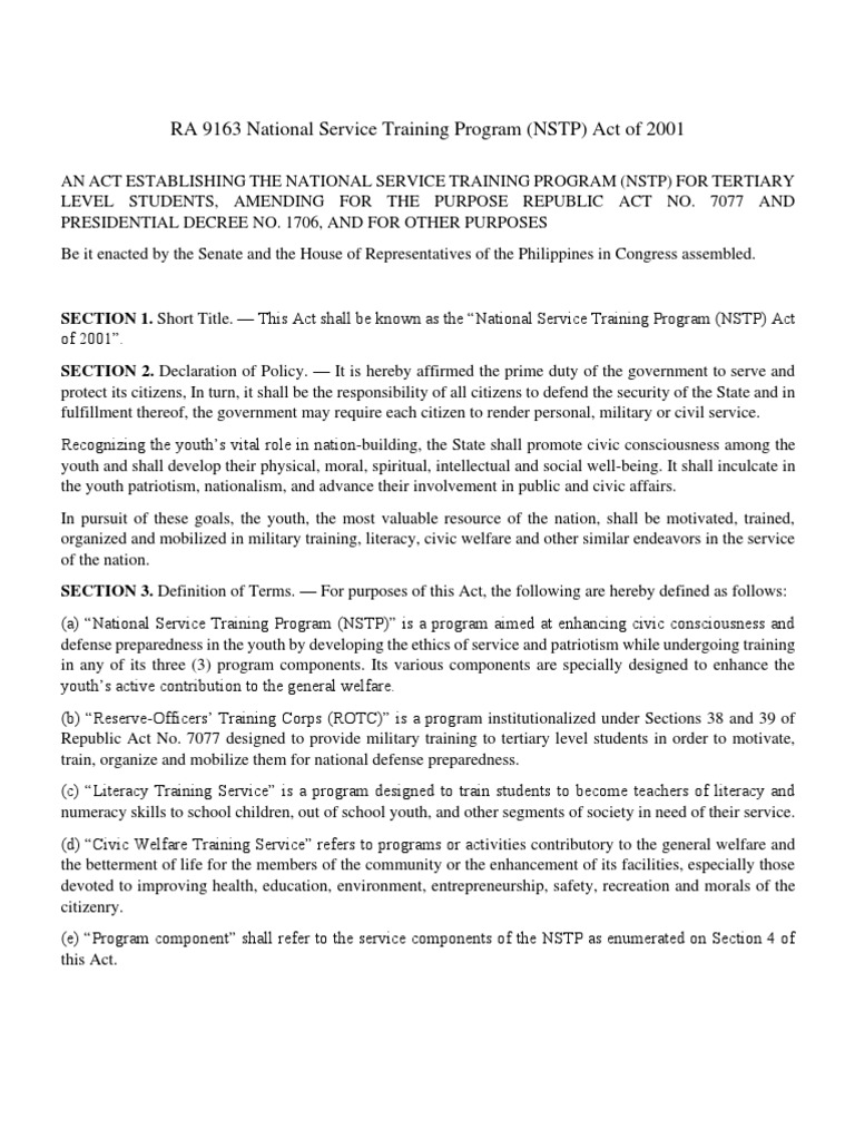 RA 9163 National Service Training Program NSTP Act of 2001 | PDF ...
