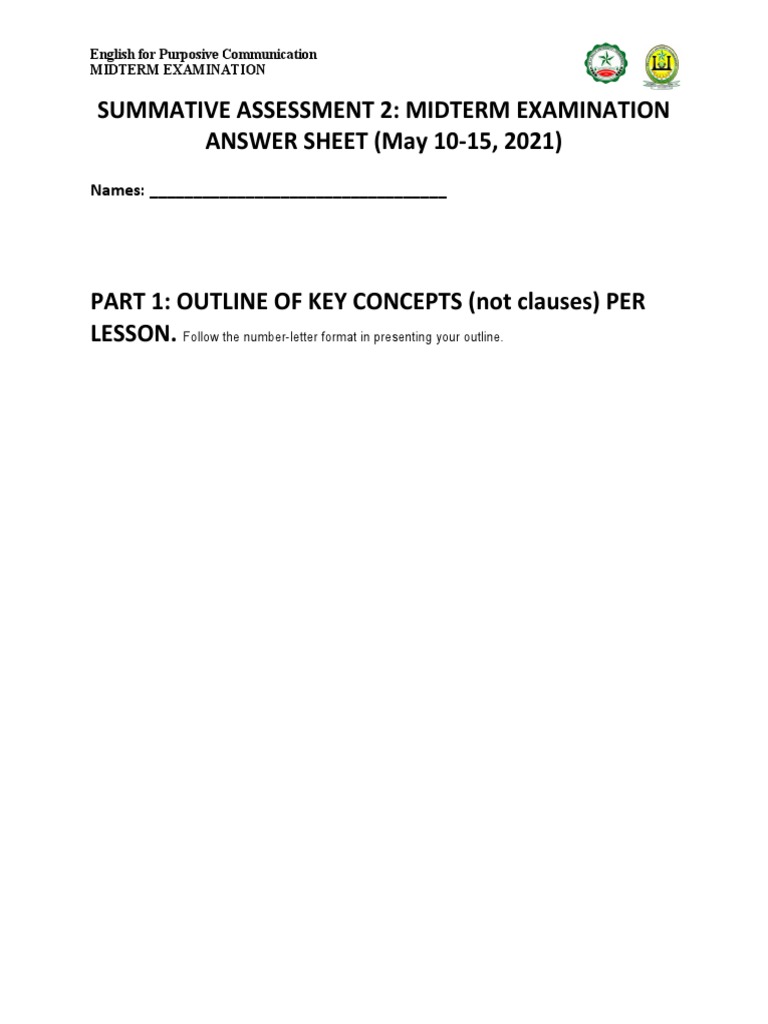 Summative Assessment 2: Midterm Examination ANSWER SHEET (May 10-15 ...