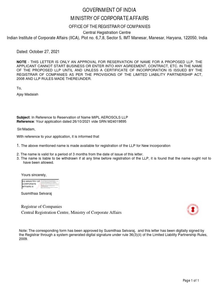 Name Approval Letter - New LLP | PDF | Law | Limited Liability Partnership