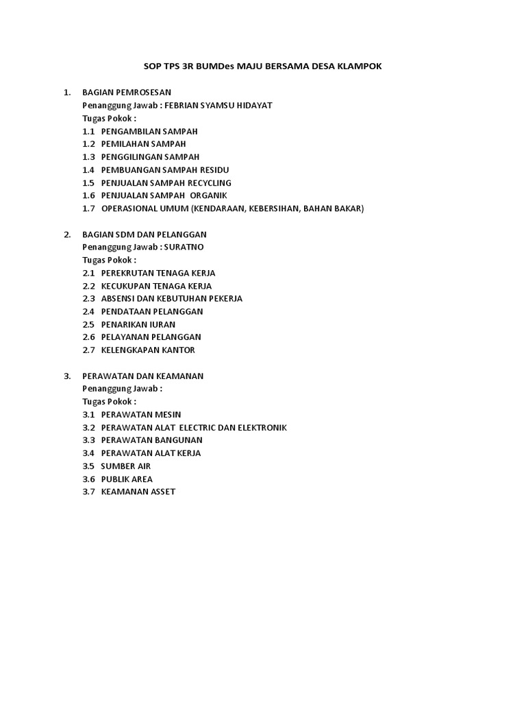 Sop Tps 3r Bumdes Maju Bersama Desa Klampok | PDF