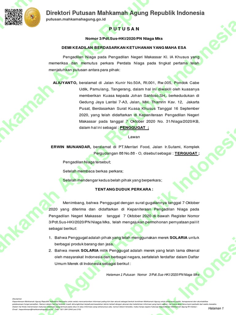 Putusan 3 PDT - Sus-Hki Merek 2020 PN Niaga Mks 20210516 | PDF