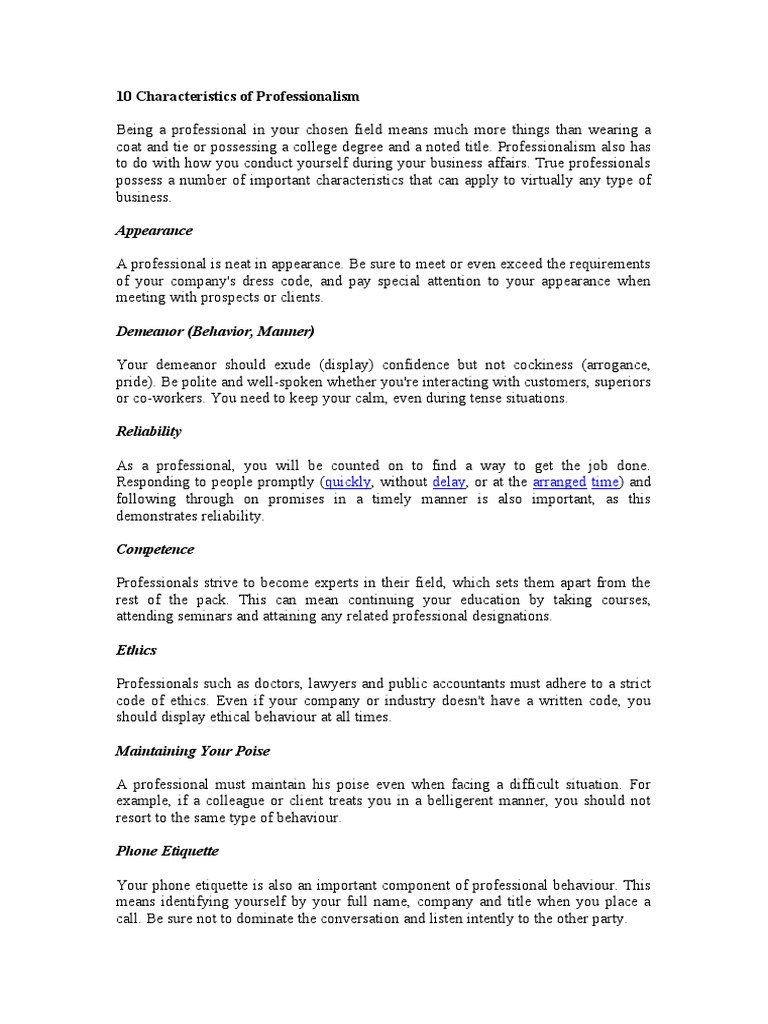 10 Characteristics of Professionalism | PDF | Etiquette | Behavior