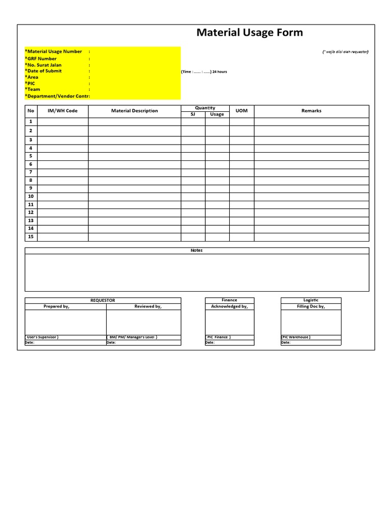 Material Usage Form: (Time: ...... : ...... ) 24 Hours | PDF