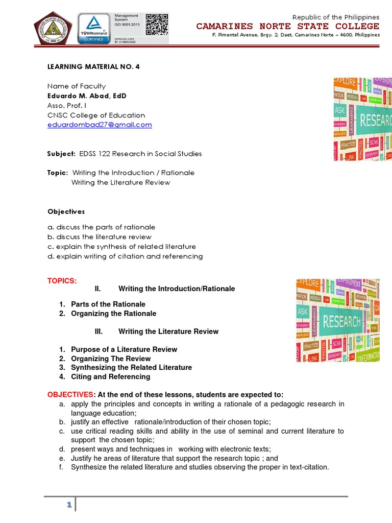 Writing Rationale and Literature Review | PDF | Citation | Cognition