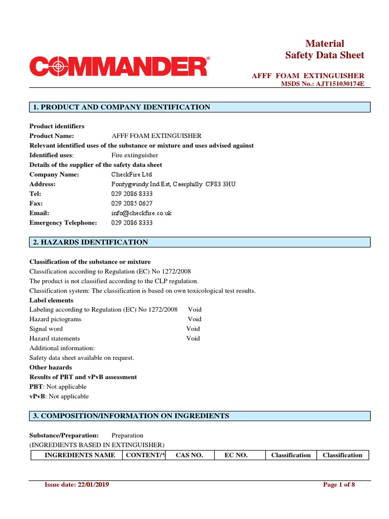 AFFF Foam Extinguisher MSDS Overview | PDF | Toxicity | Firefighting