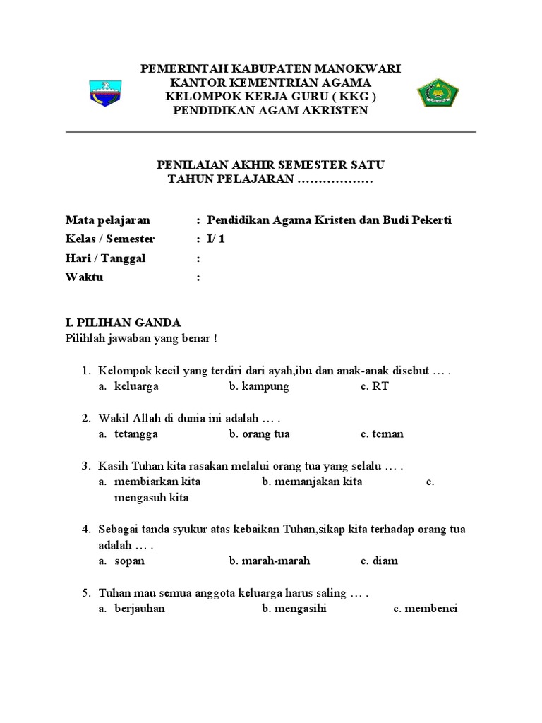 Soal PAK Kelas 1 | PDF