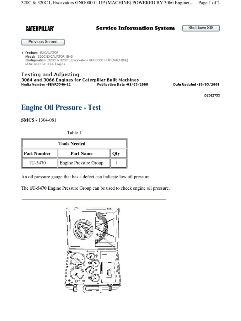 Checking Engine Oil Pressure Using the 1U-5470 Engine Pressure Group ...