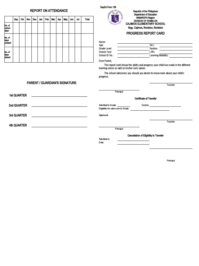 Learners Progress Report Card For The New Normal S.Y. 2021 - 2022 | Download Free PDF | Learning ...