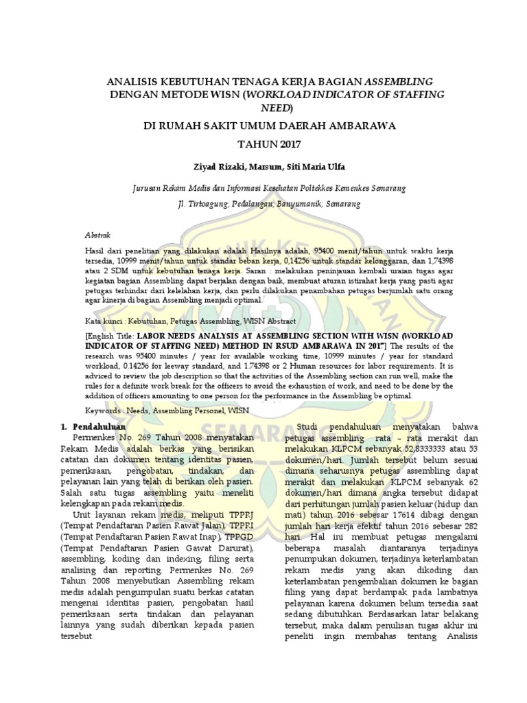 Analisis Kebutuhan Tenaga Kerja Bagian Assembling Dengan Metode Wisn ...