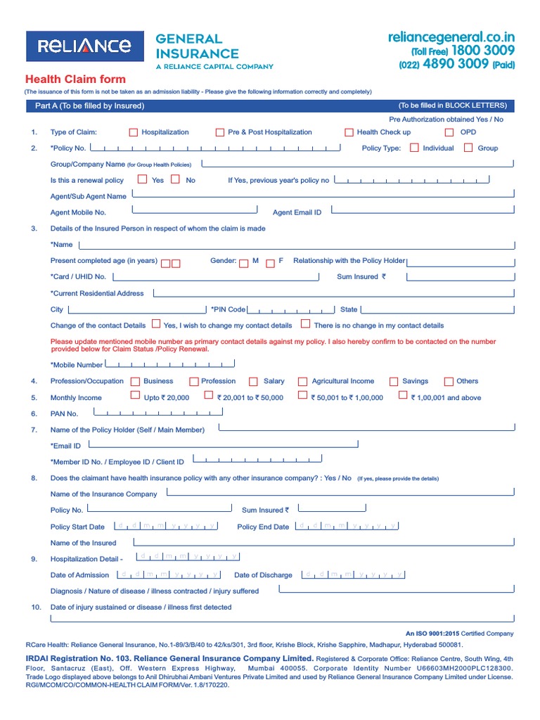 Reliancegeneral - Co.in 1800 3009 4890 3009: Health Claim Form | PDF ...