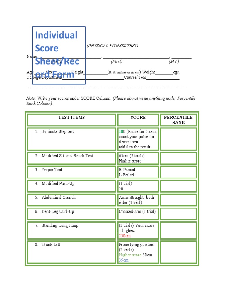 Individual Score Sheet/Rec Ord Form: (Physical Fitness Test) | PDF ...