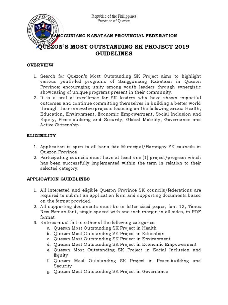 Quezon'S Most Outstanding SK Project 2019 Guidelines: Sangguniang ...