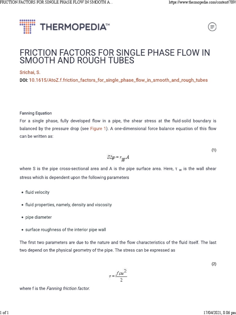 Friction Factors For Single Phase Flow in Smooth and Rough Tubes | PDF ...