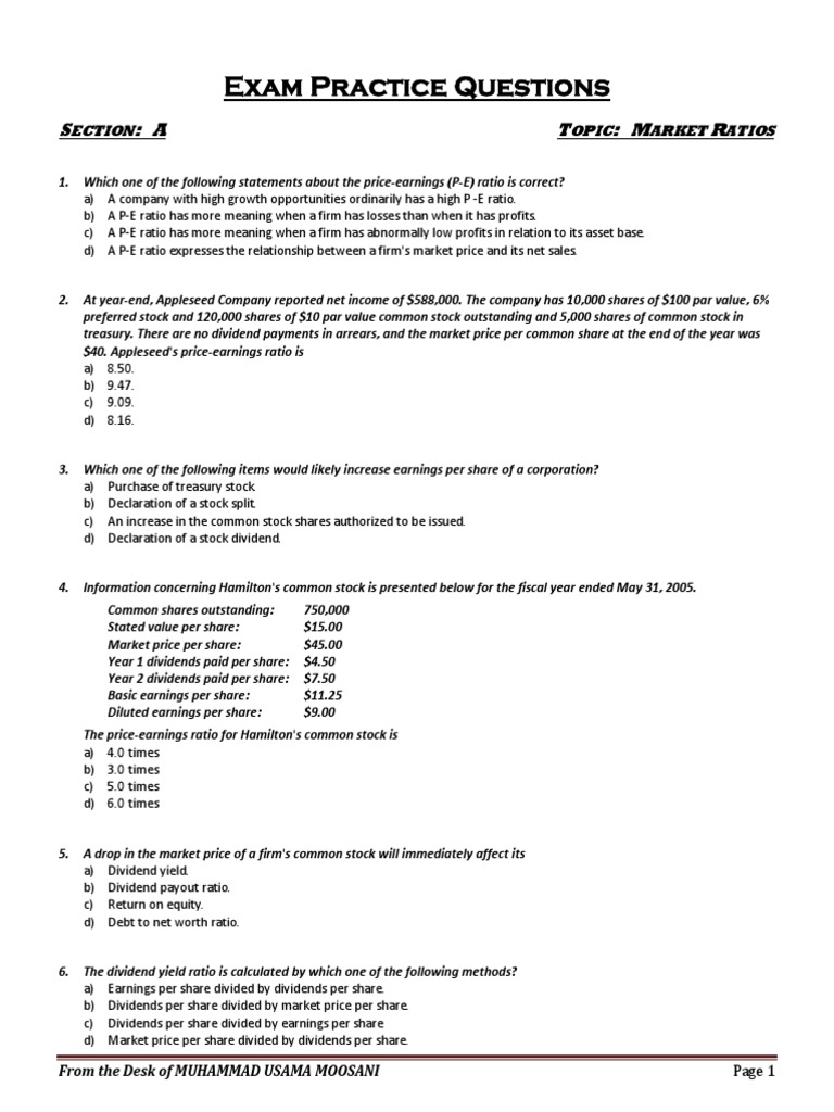 Market Ratios - Practice Questions | PDF | Dividend | Preferred Stock