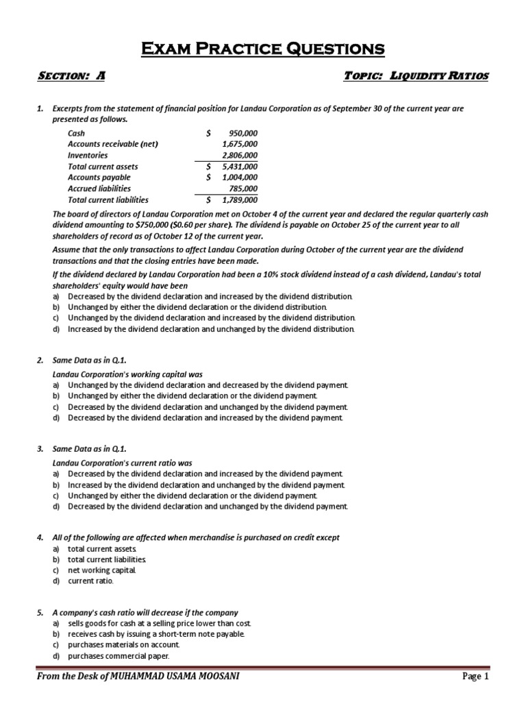 Liquidity Ratios - Practice Questions | Download Free PDF | Dividend ...