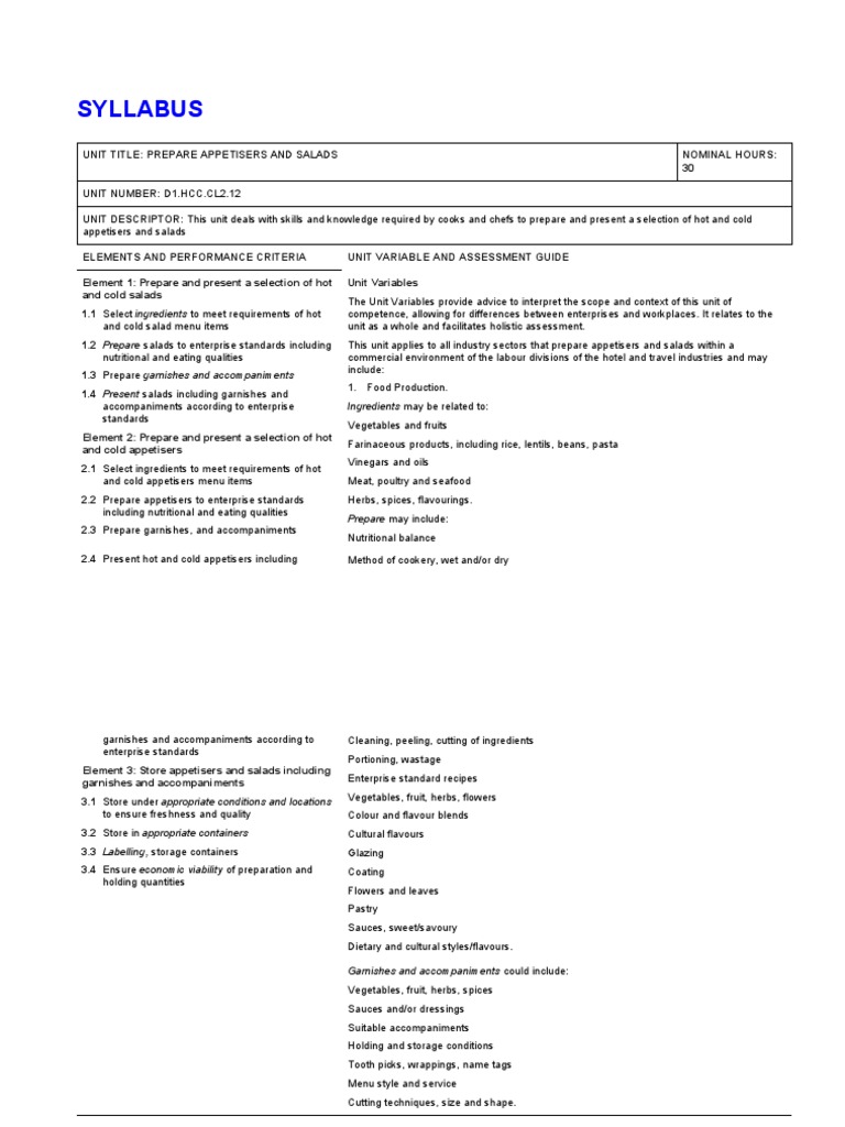 SYLLABUS - Prepare Appetizer and Salad | PDF | Competence (Human ...
