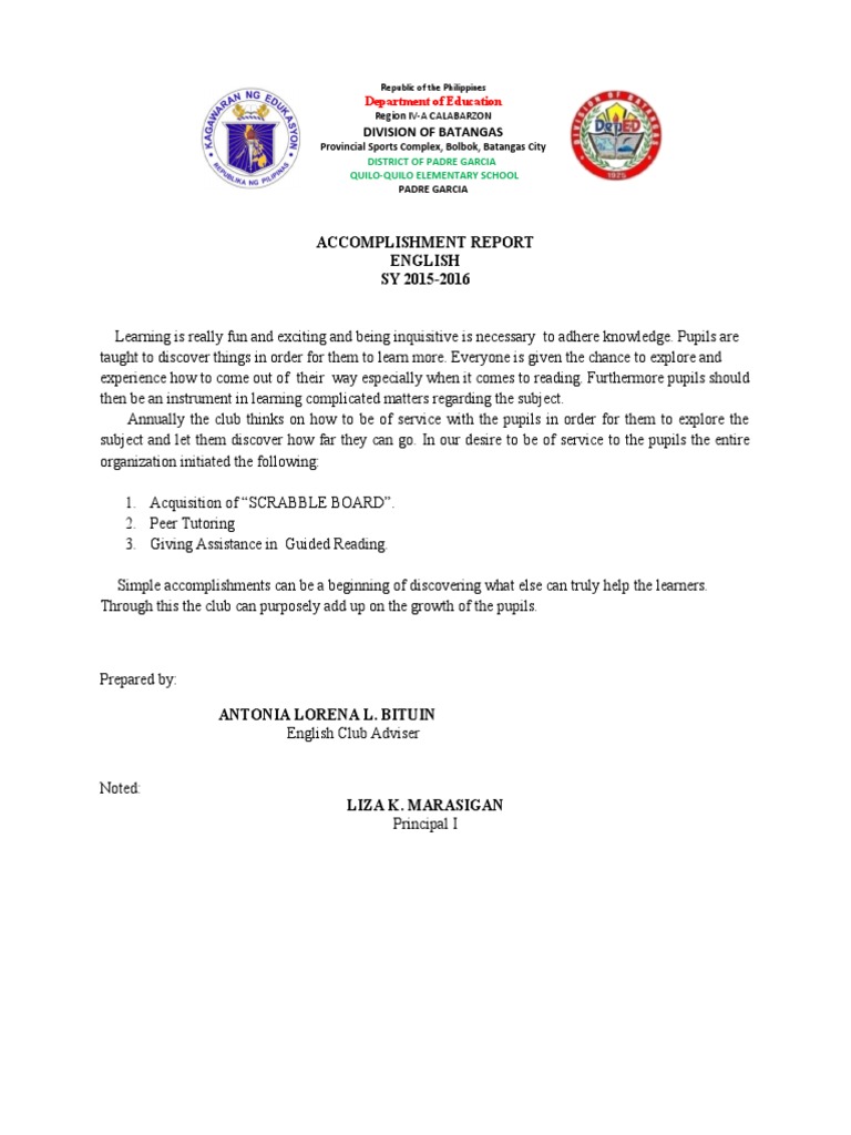 Accomplishment Report English Club | PDF