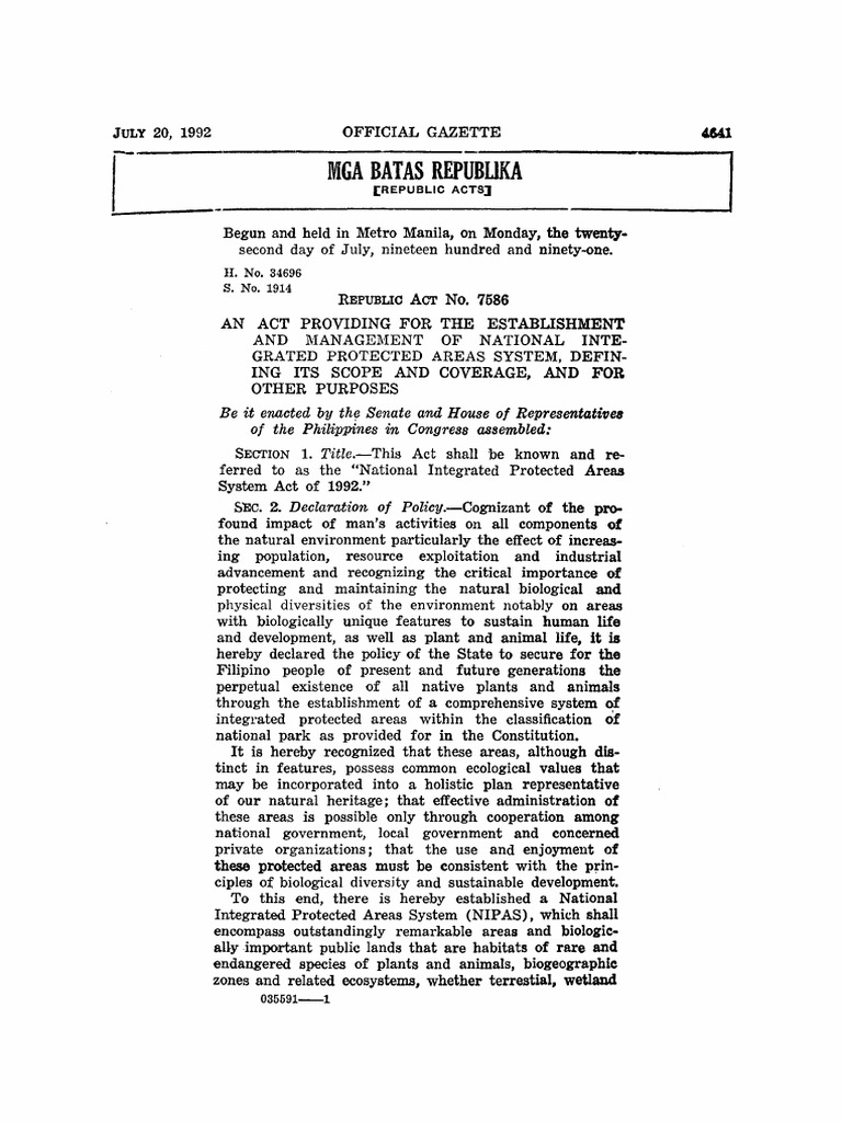 Ra 7586 - Nipas Act of 1992 | PDF | Protected Area | Resource