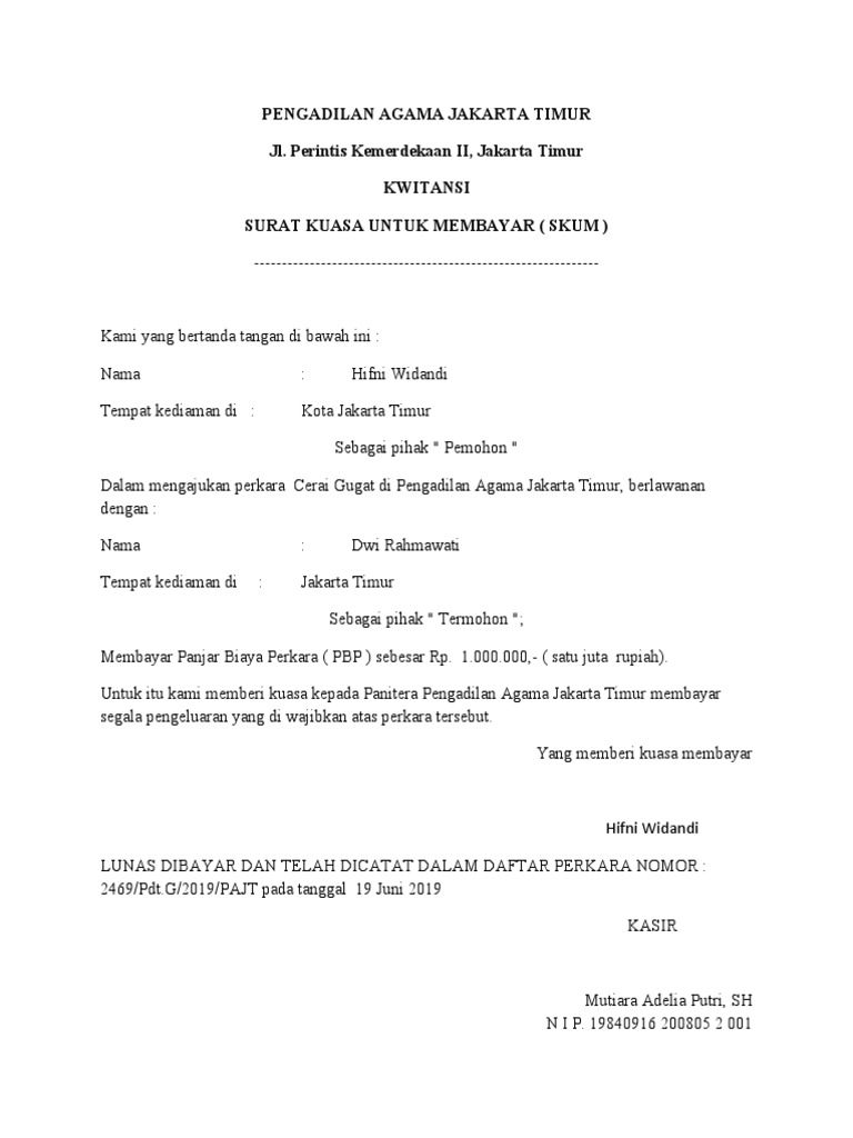 Surat Kuasa Pembayaran SKUM Cerai | PDF