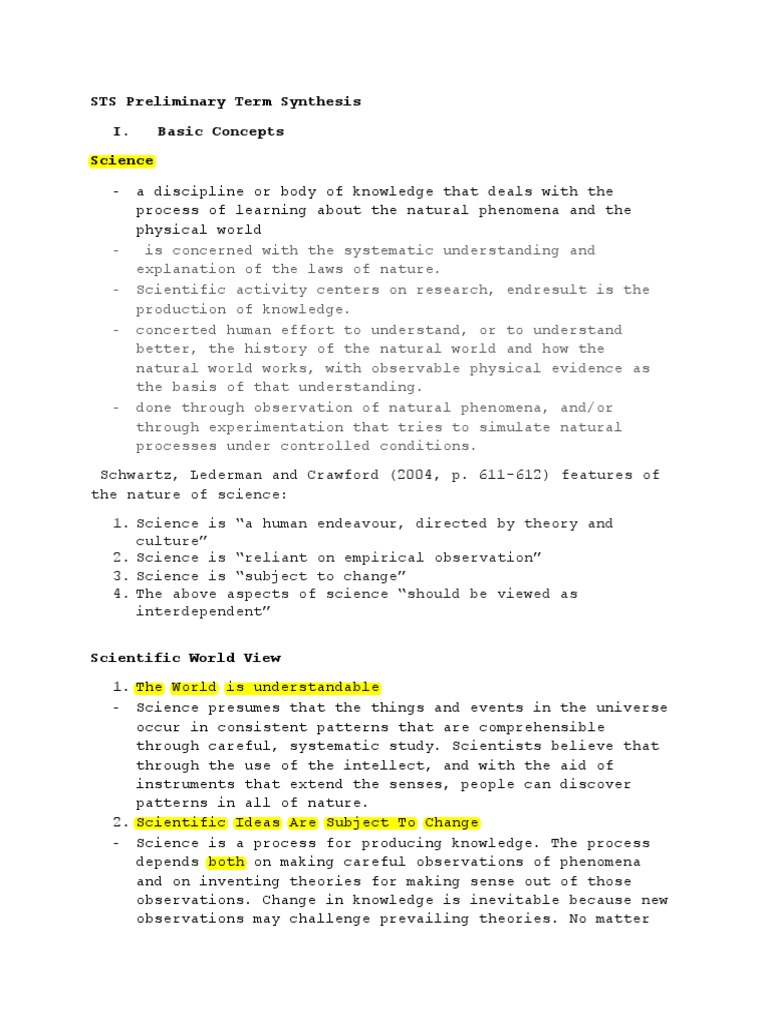 STS Preliminary Term Synthesis I. Basic Concepts Science | PDF | Science | Hypothesis