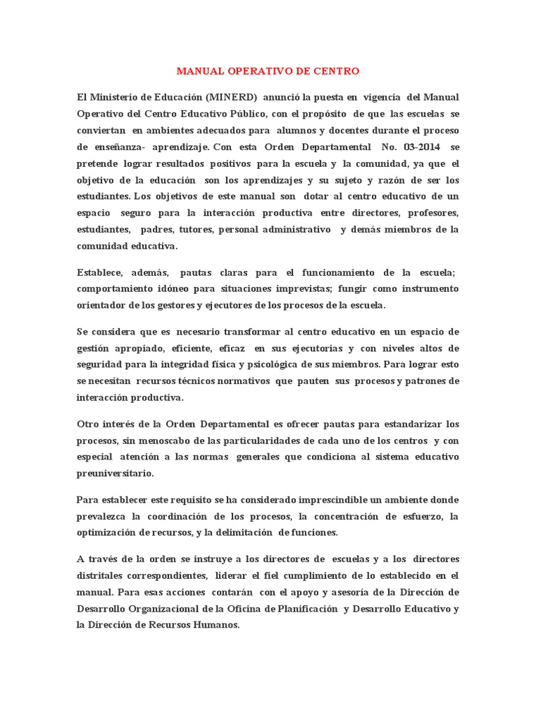 Manual Operativo de Centro Educativo 2024 | PDF | Planificación