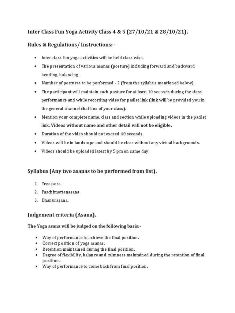 Inter Class Fun Yoga Activity Class 4 & 5 (27/10/21 & 28/10/21) - Rules ...