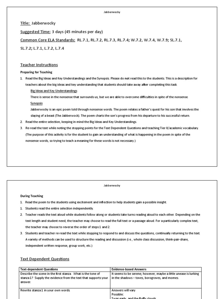 Jabberwocky. Lesson - Story | PDF | Linguistics