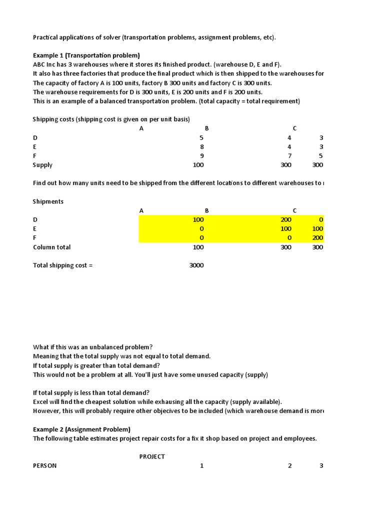 Example 1 (Transportation Problem) | PDF | Warehouse | Variance