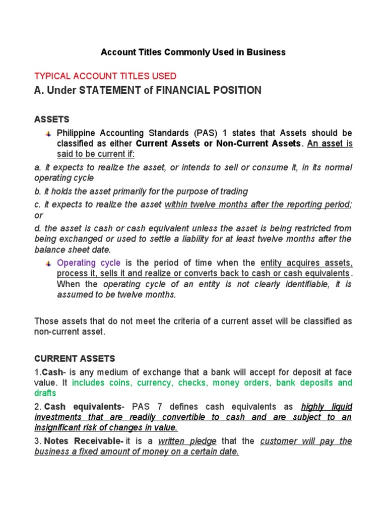 A. Under Statement of Financial Position: Typical Account Titles Used ...