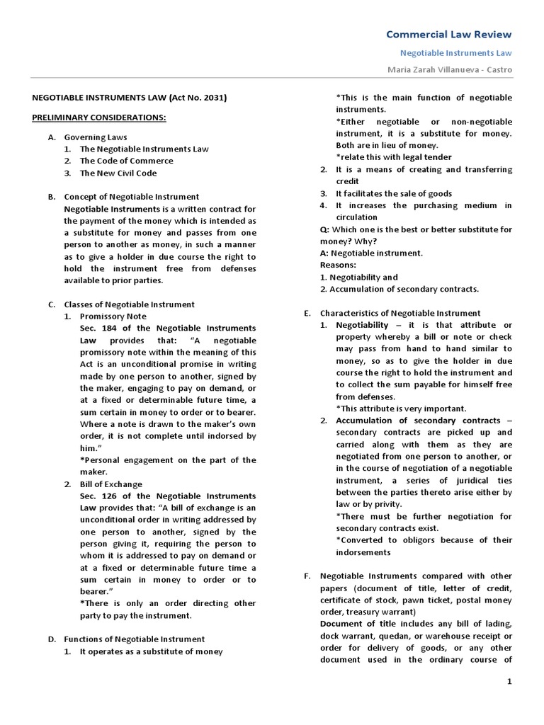 Commercial Law Review: Maria Zarah Villanueva - Castro | PDF ...