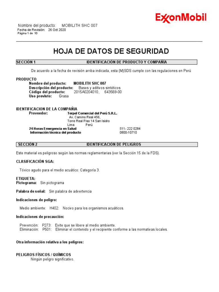 MSDS - Mobilith SHC 007 | PDF | Agua | Combustión