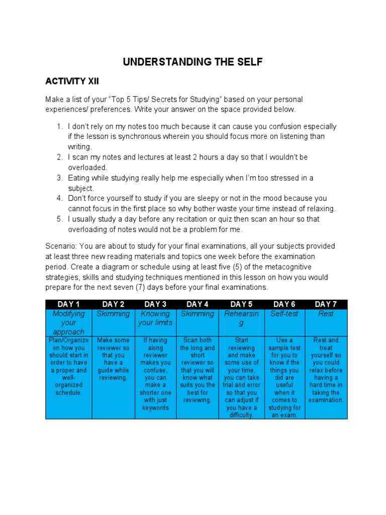 Understanding The Self: Activity Xii | Download Free PDF | Goal | Self ...