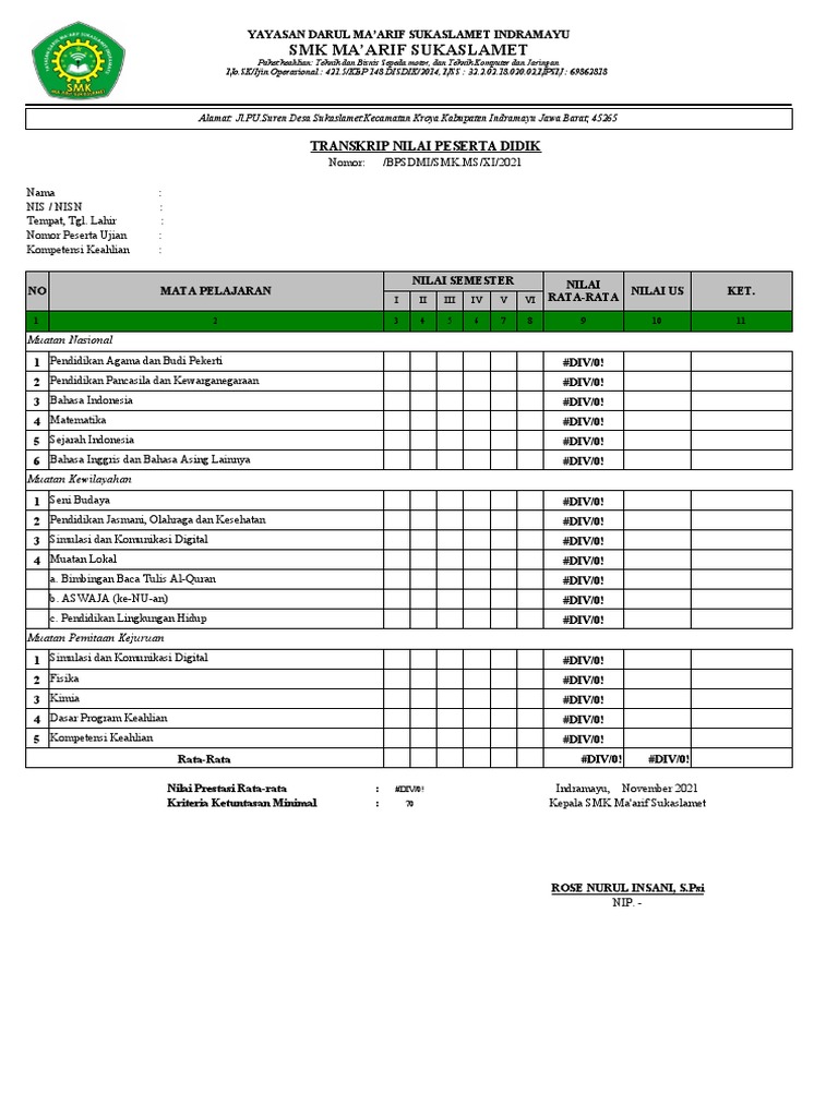 Contoh Transkrip Nilai SMK 2025 | PDF