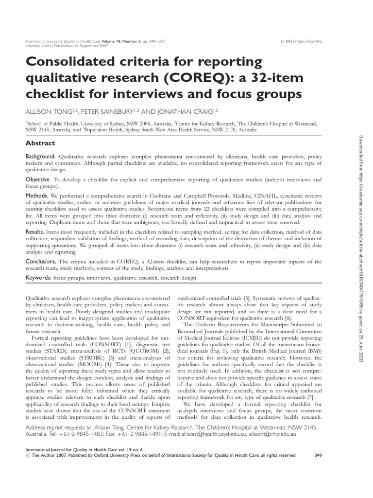 COREQ: 32-Item Checklist for Qualitative Research | PDF | Focus Group ...
