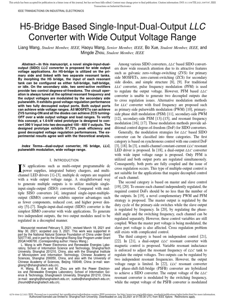 H5-Bridge Based Single-Input-Dual-Output LLC Converter With Wide Output Voltage Range | PDF ...