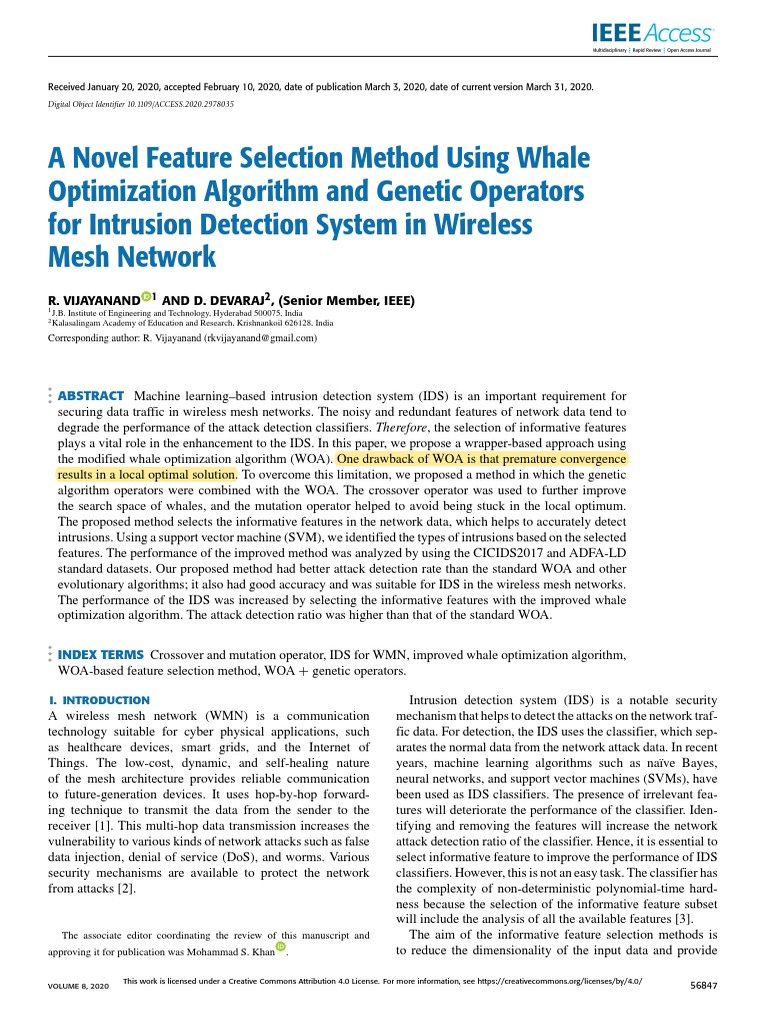 A Novel Feature Selection Method Using Whale Optimization Algorithm and Genetic Operators for ...