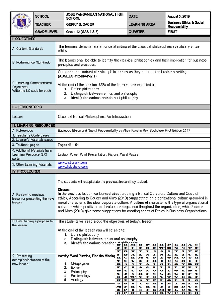 DLP For Bus Eth August 19 Ver2, 2019 - Ok | PDF | Metaphysics | Morality