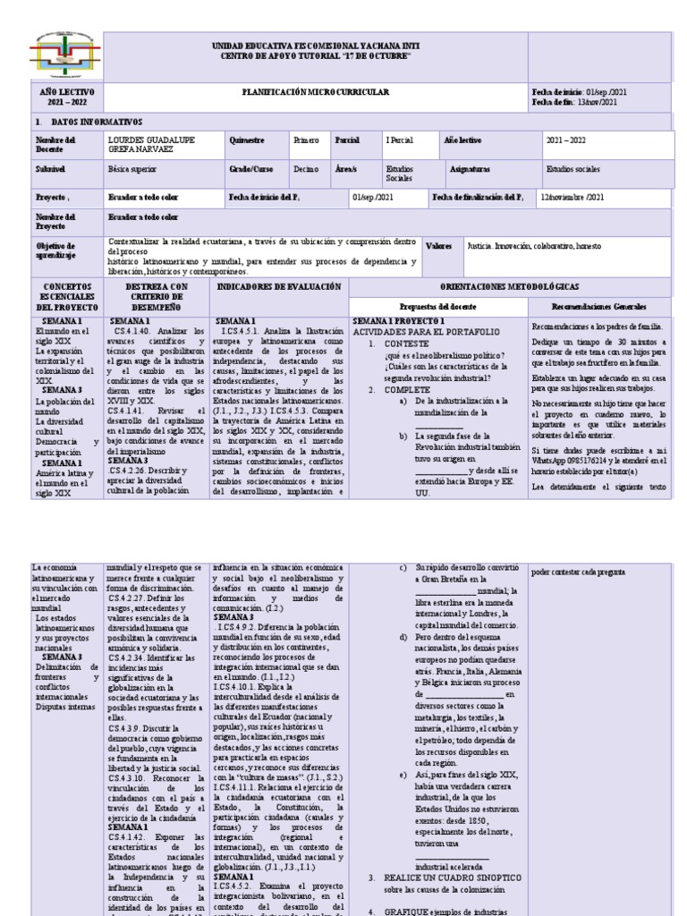 Planificación de Estudios Sociales 10mo | PDF | America latina | Ecuador