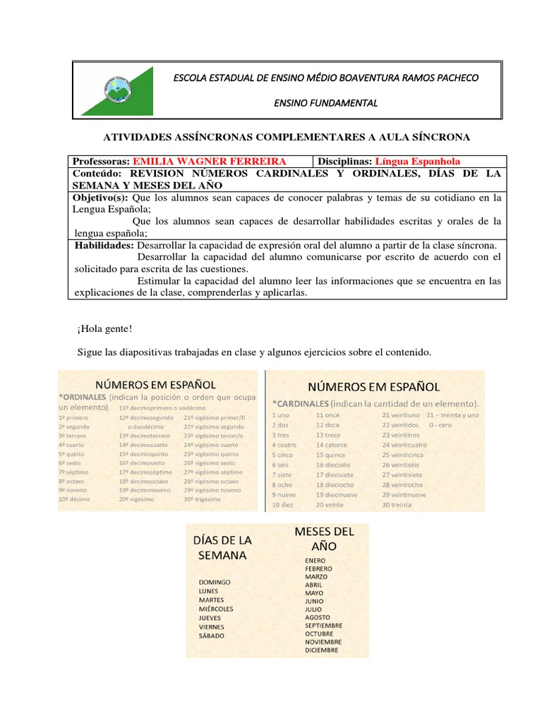 Aula Assíncrona 2 (Números Ordinales y Cardinales, Días de La Semana y ...