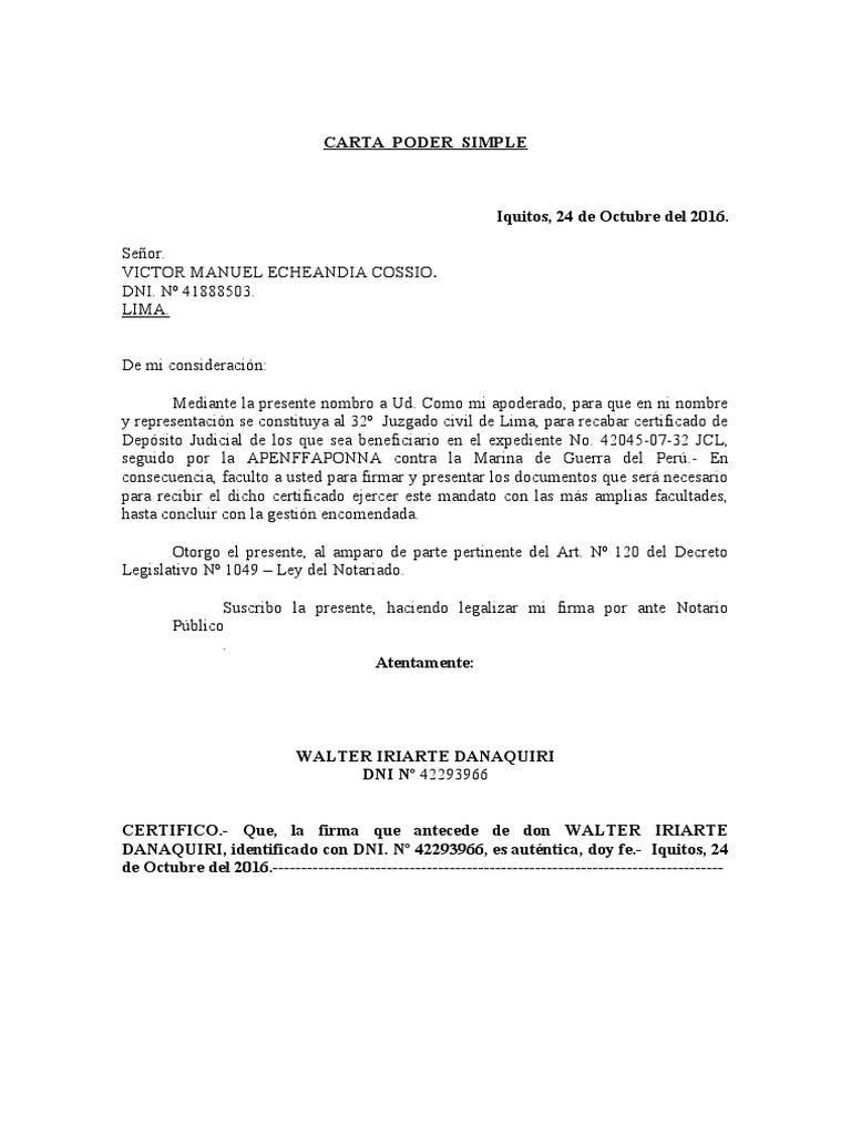 Modelo de Carta Poder Simple Perú | PDF