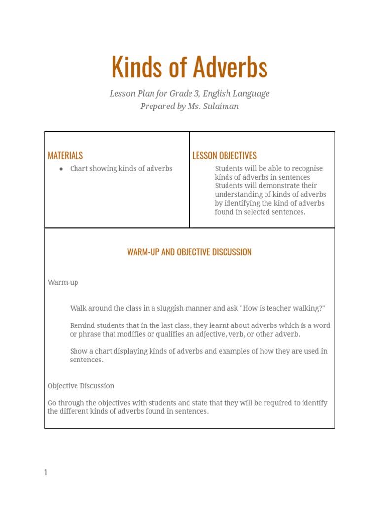 Kinds of Adverbs: Materials Lesson Objectives | PDF | Adverb | Verb